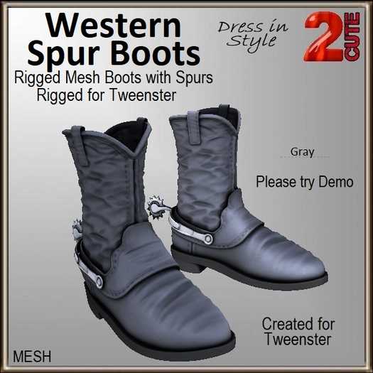 Second Life Marketplace - Western Spur Boot [2cute] Tweenster - Gray
